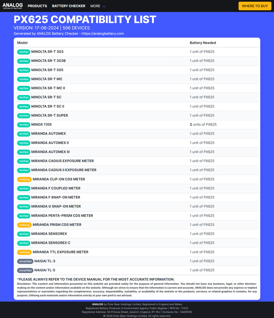 1.35V PX625 Mercury Battery Replacement (PX13, H-D, MR-9, E-625N ...